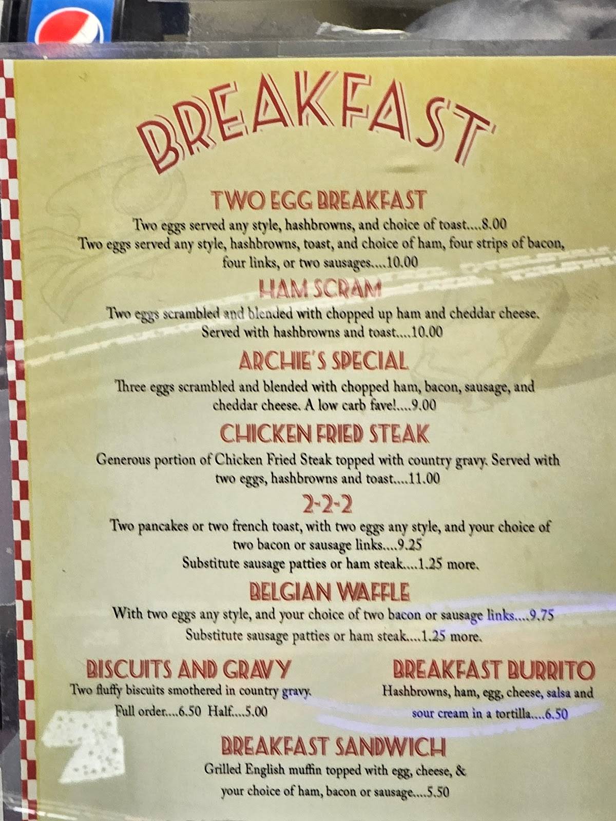 Menu at Bill & Bea's Drive In restaurant, Centralia