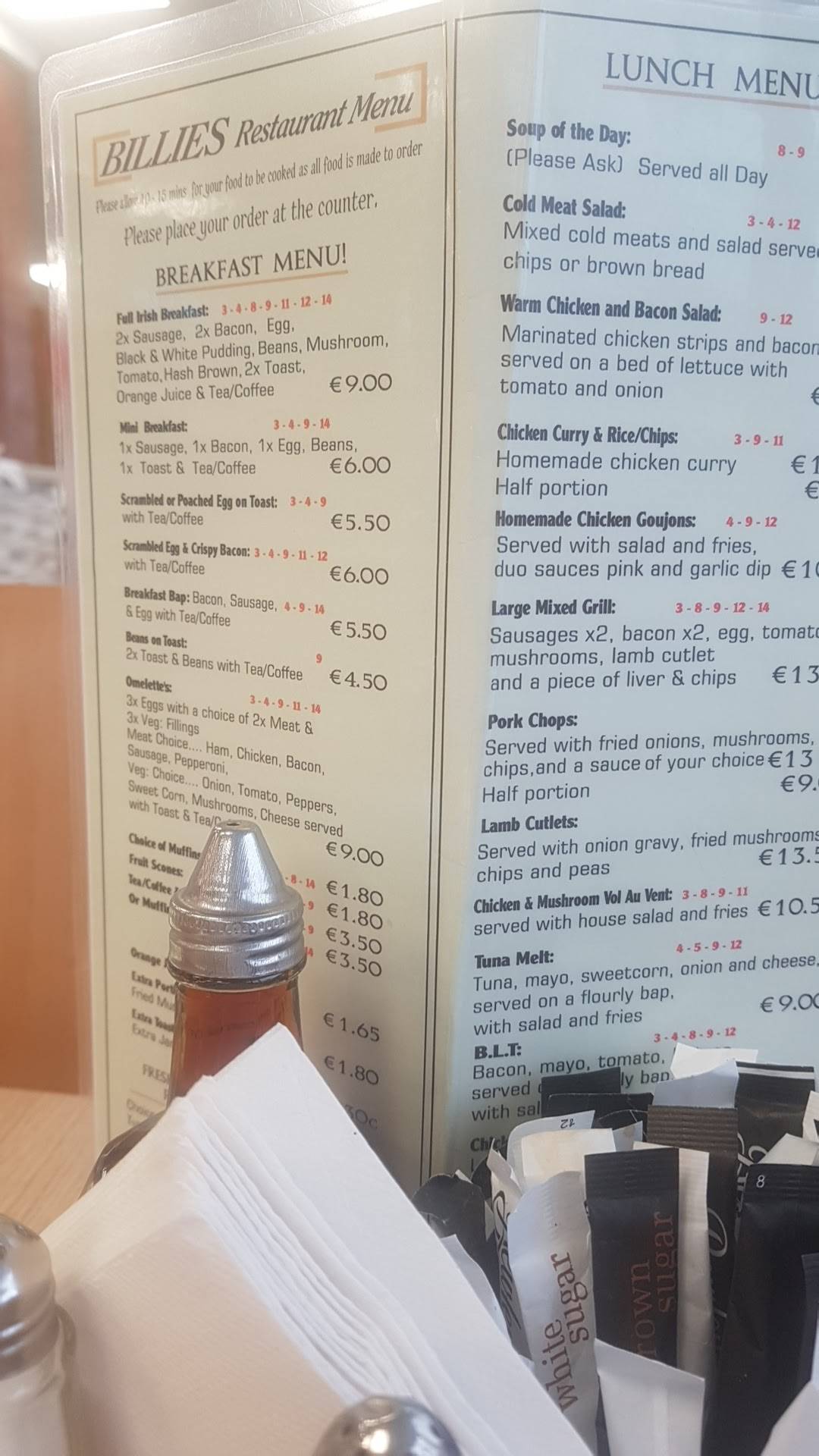 Menu at Billies Drive Thru restaurant, Bandon