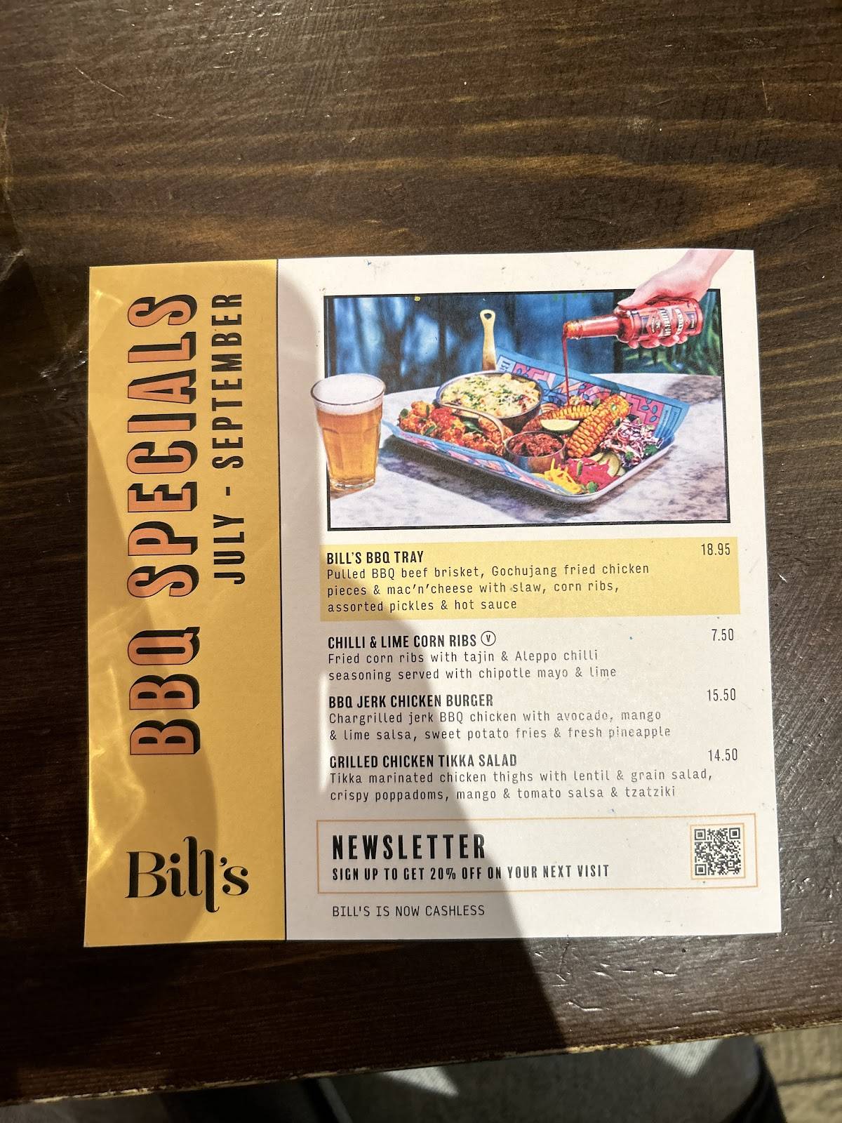 Menu at Bill's Bath Restaurant, Bath