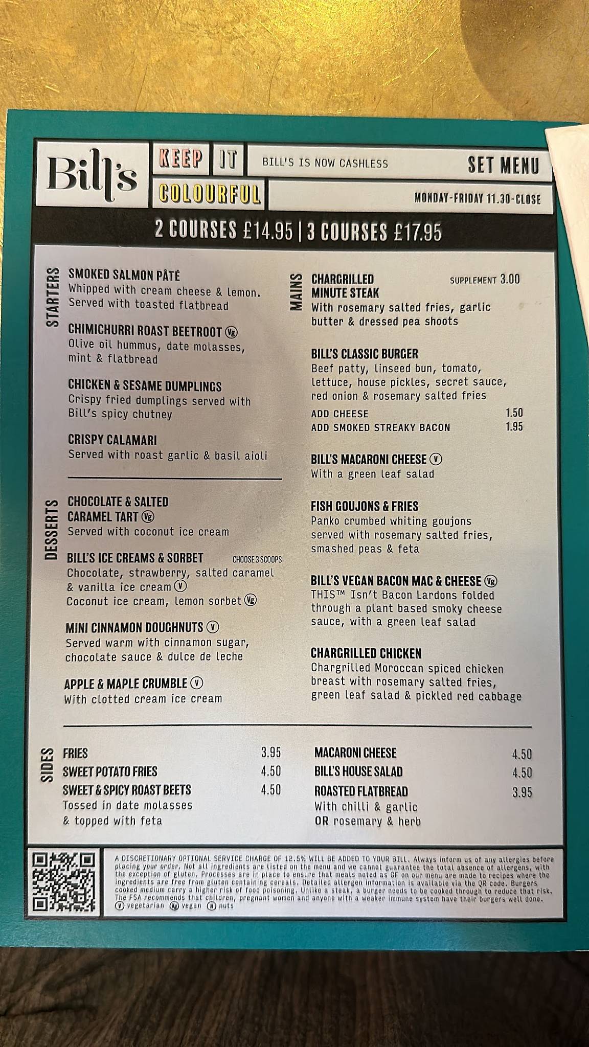 Menu at Bill's Norwich Restaurant, Norwich