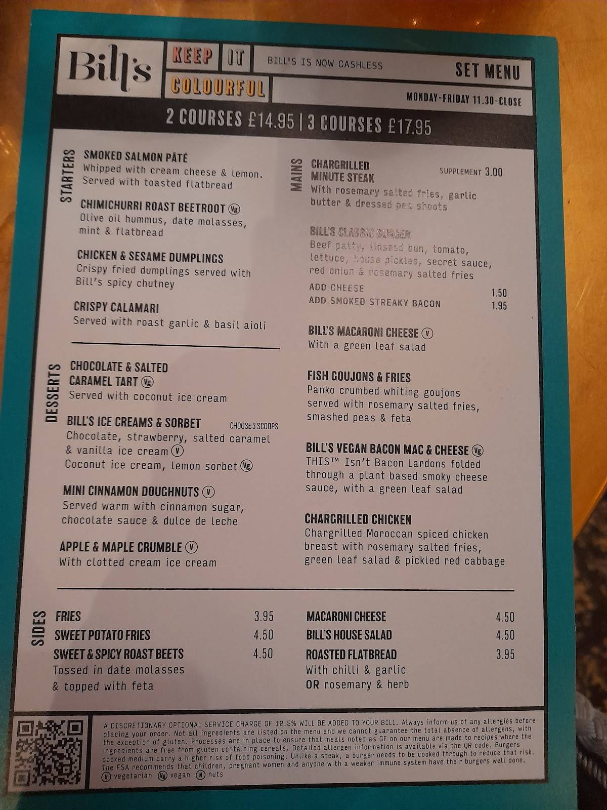 Menu at Bill's Norwich Restaurant, Norwich