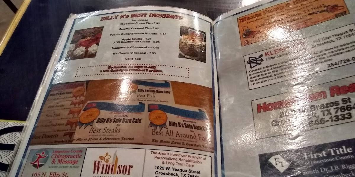 Menu at Billy B's Sale Barn Cafe, Groesbeck, TX-164