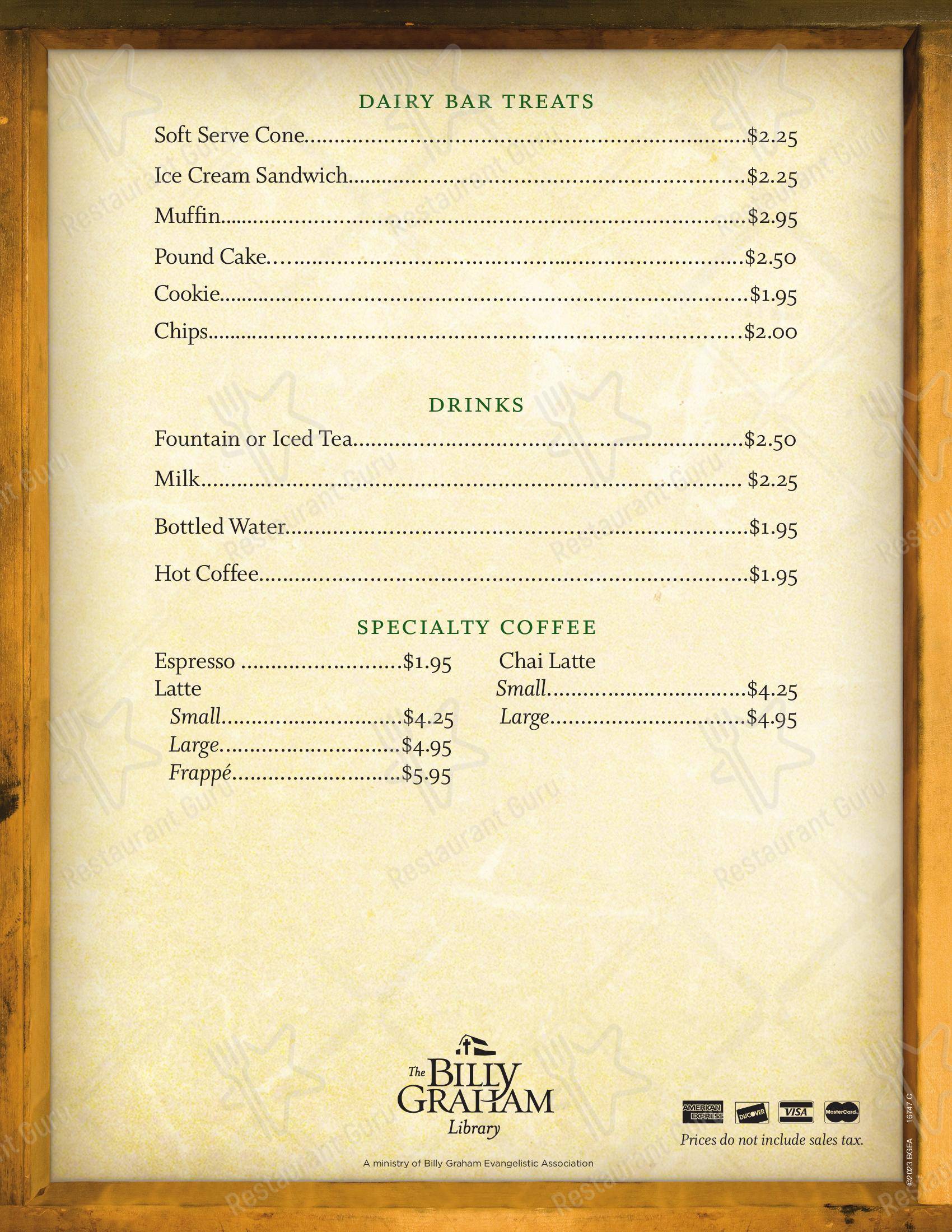 Menu at Billy Graham Library desserts, Charlotte