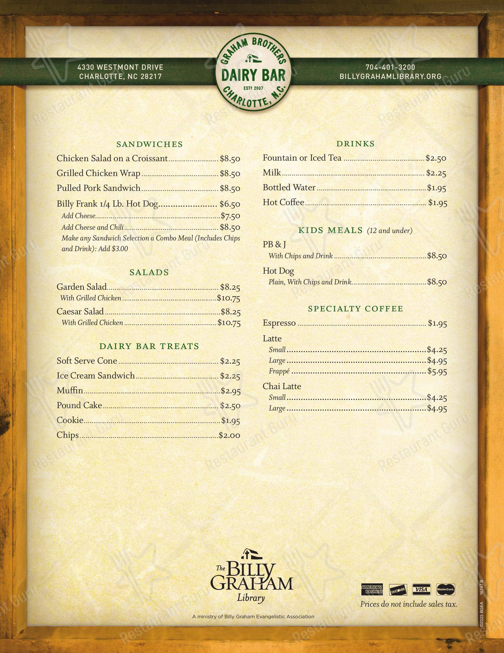 Menu at Billy Graham Library desserts, Charlotte