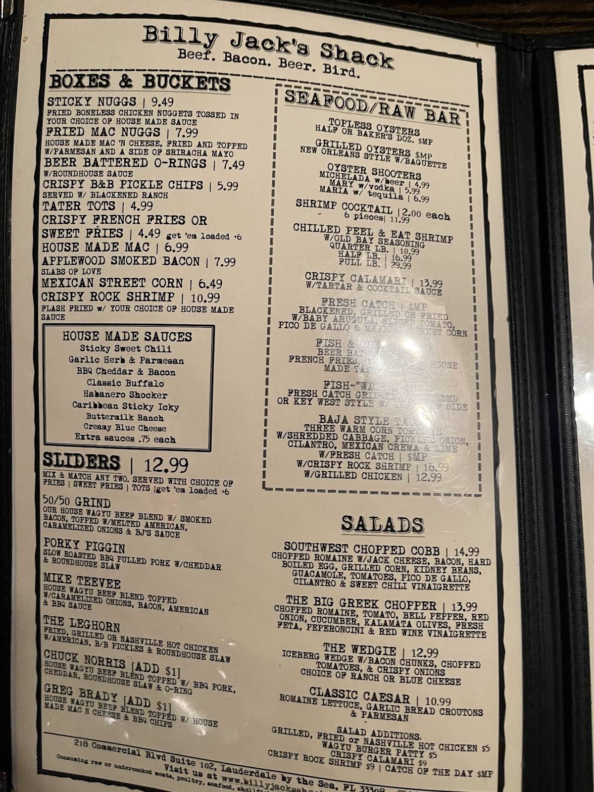 Menu at Billy Jack's Shack pub & bar, Lauderdale-by-the-Sea