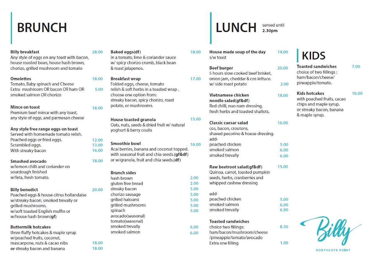 Menu at Billy cafe, Auckland, 143 Queen St