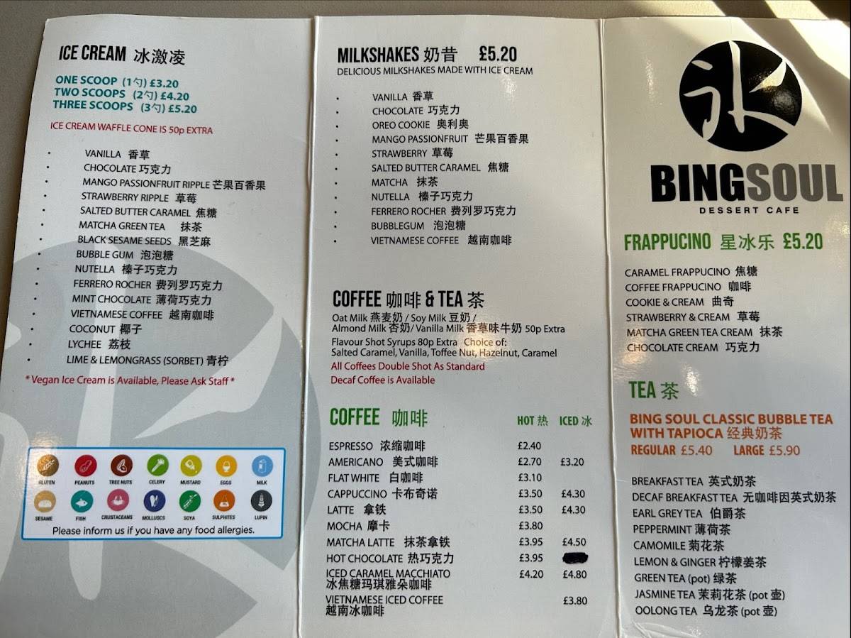 Menu at Bing Soul desserts, Glasgow