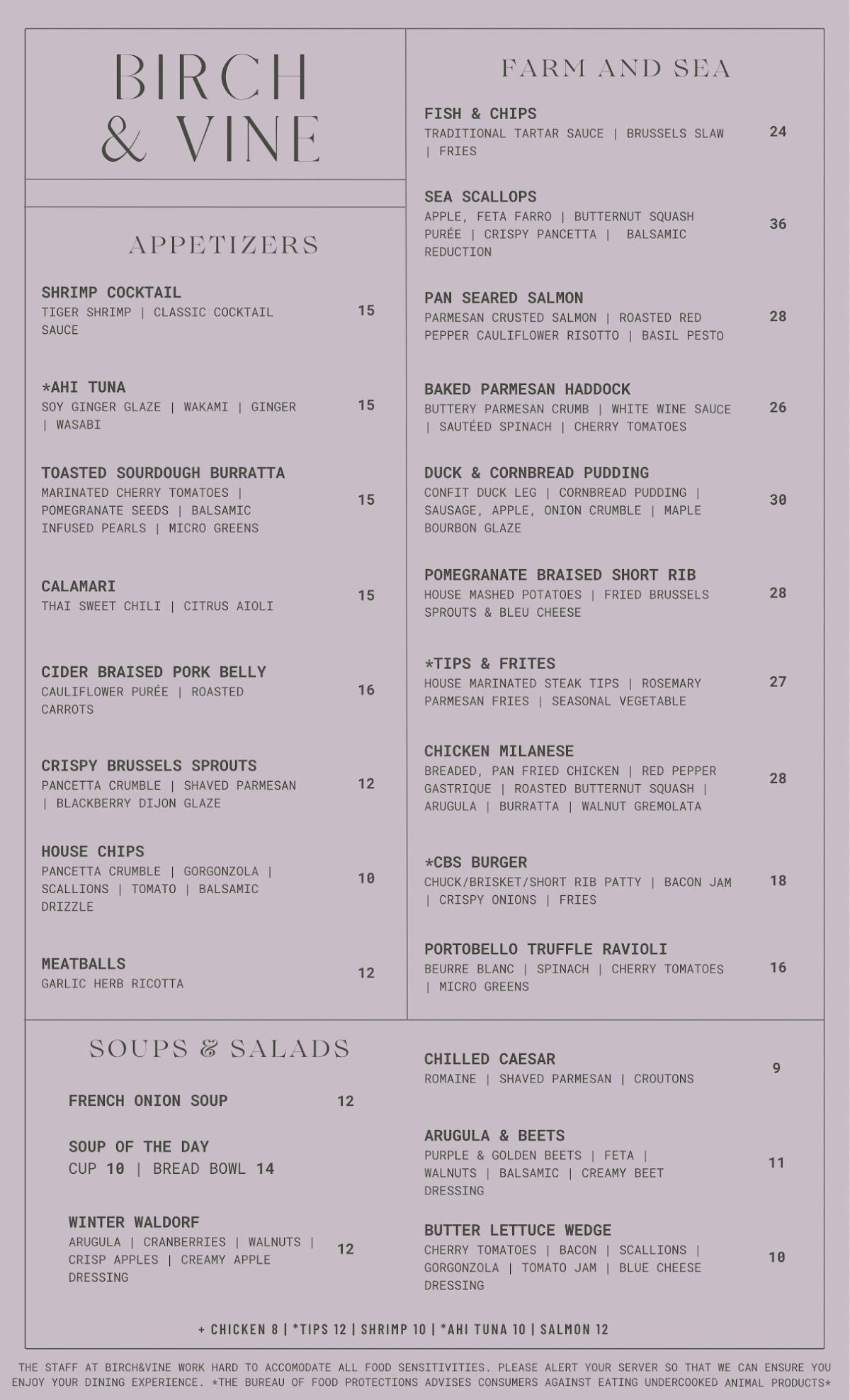 Menu at Birch & Vine pub & bar, Tuftonboro
