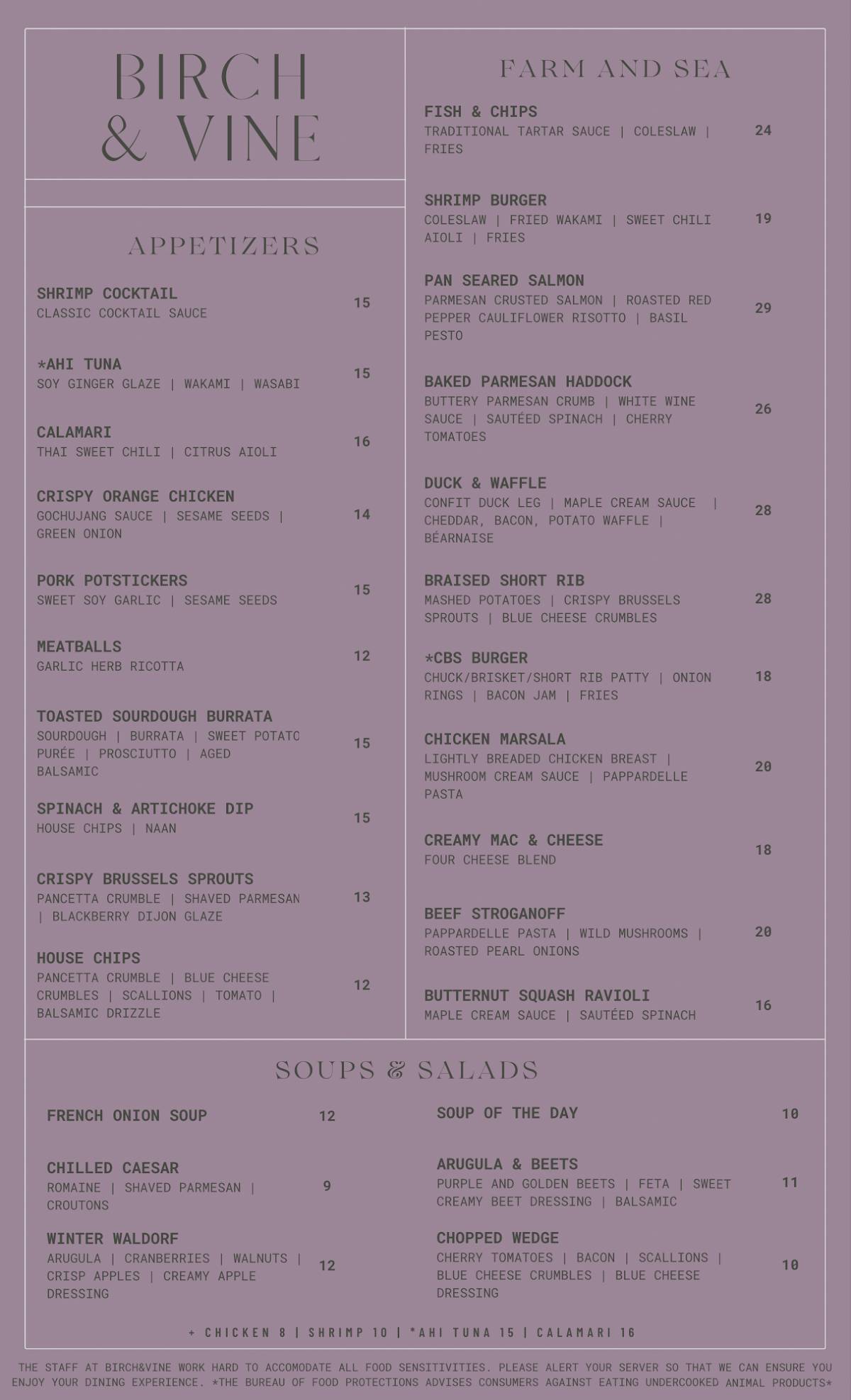 Menu at Birch & Vine pub & bar, Tuftonboro