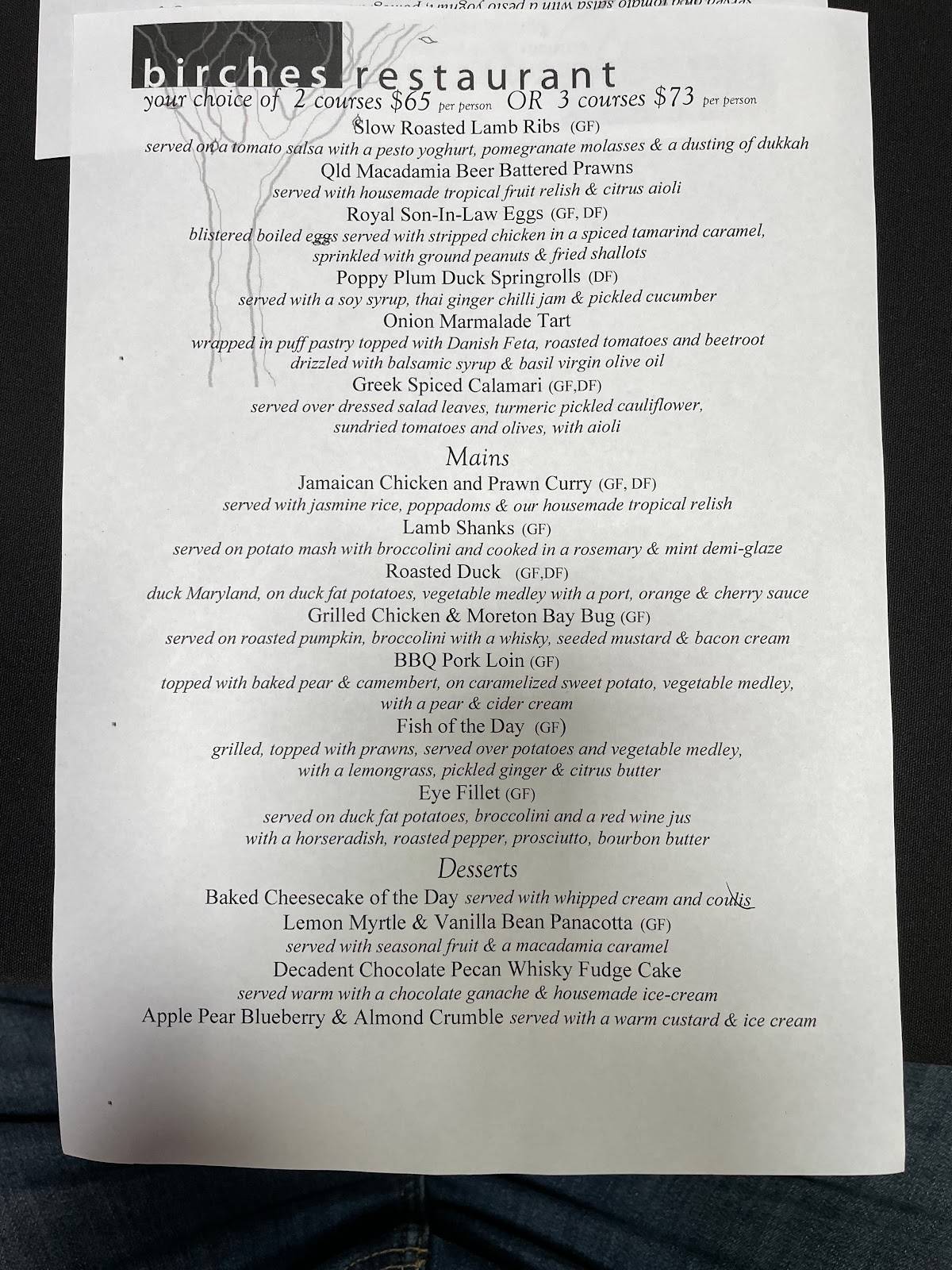 Menu at Birches Restaurant, Mount Mee