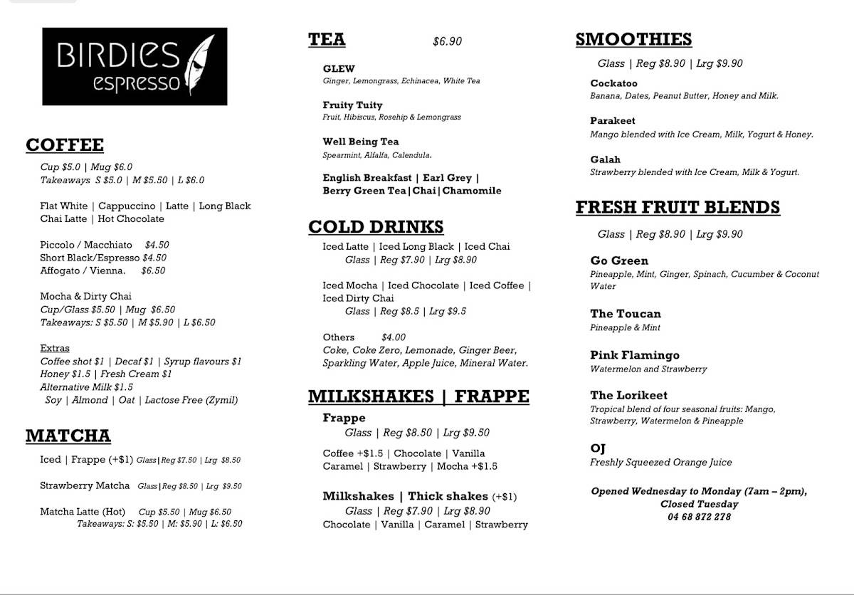 Menu at Birdies Espresso cafe, Rockhampton City