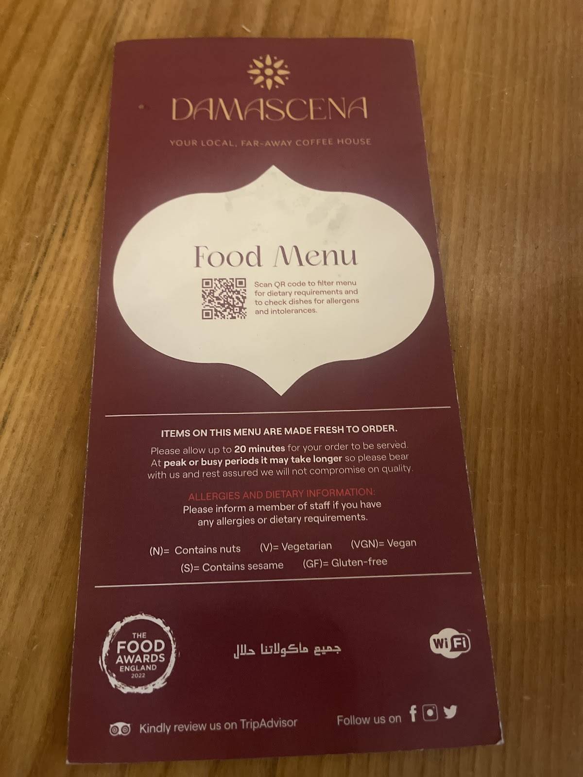 Menu at Damascena Coffee House Moseley, Birmingham, 133 Alcester Rd