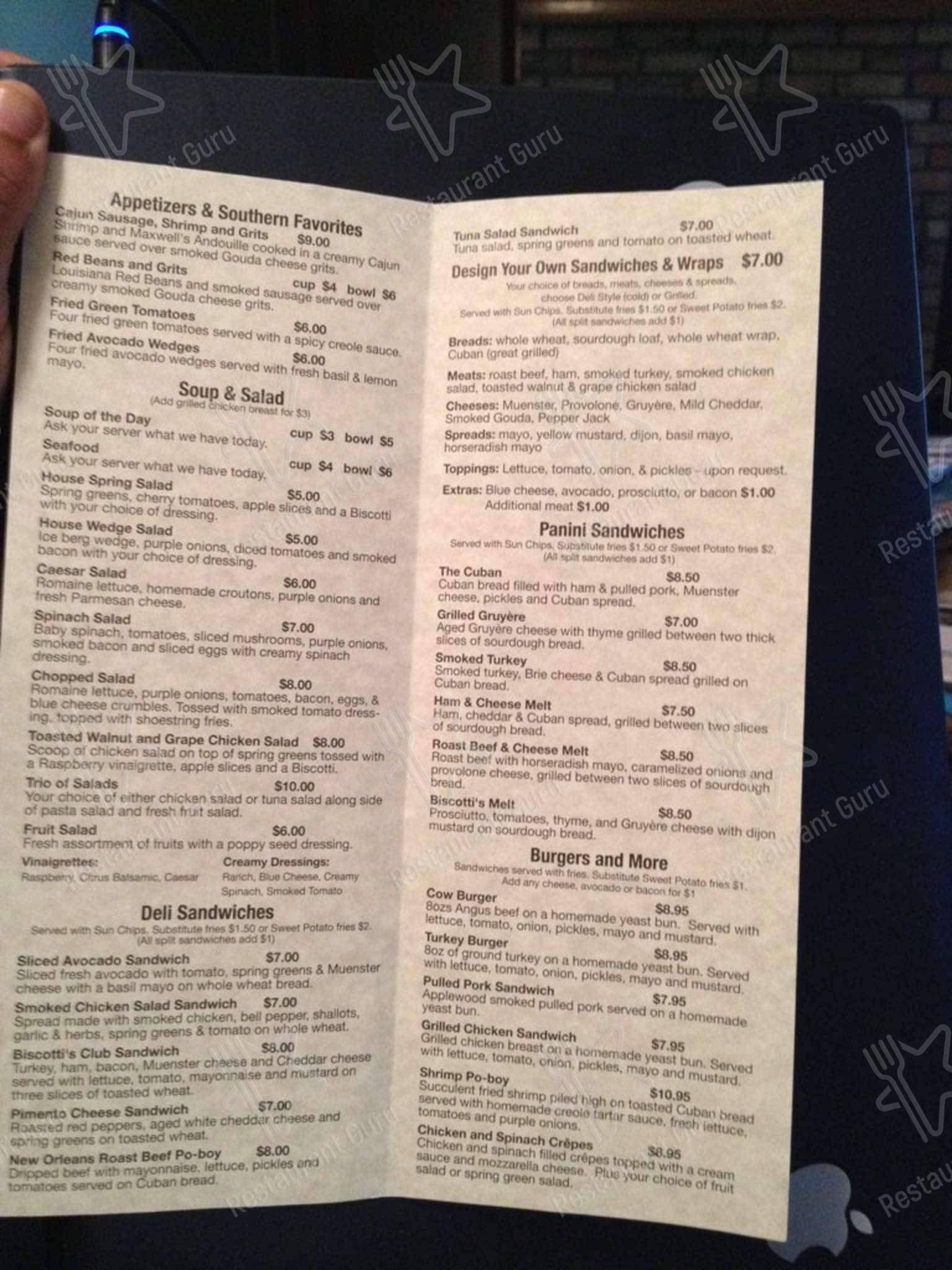 Menu at Biscotti's cafe, Shreveport