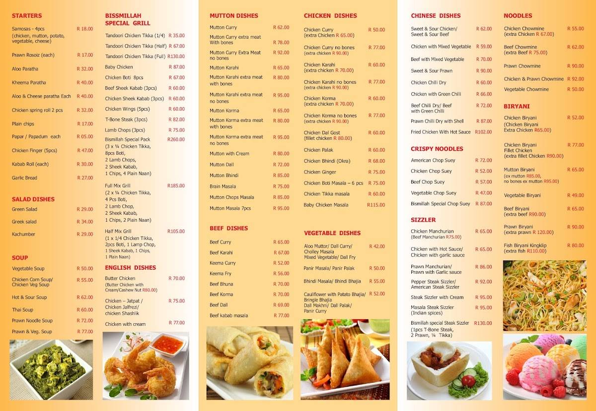 Menu at Bismillah Restaurant-Ormonde, Johannesburg