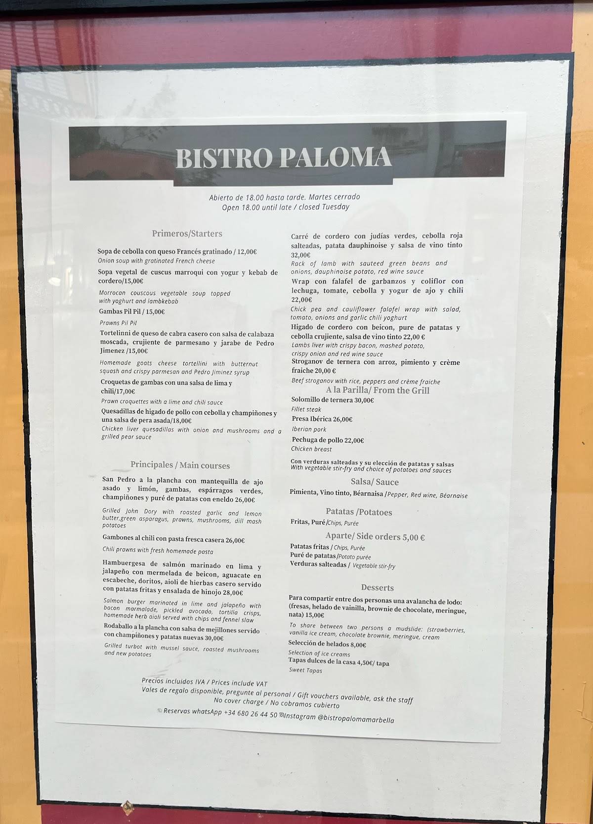 Menu at Bistro Paloma restaurant, Marbella