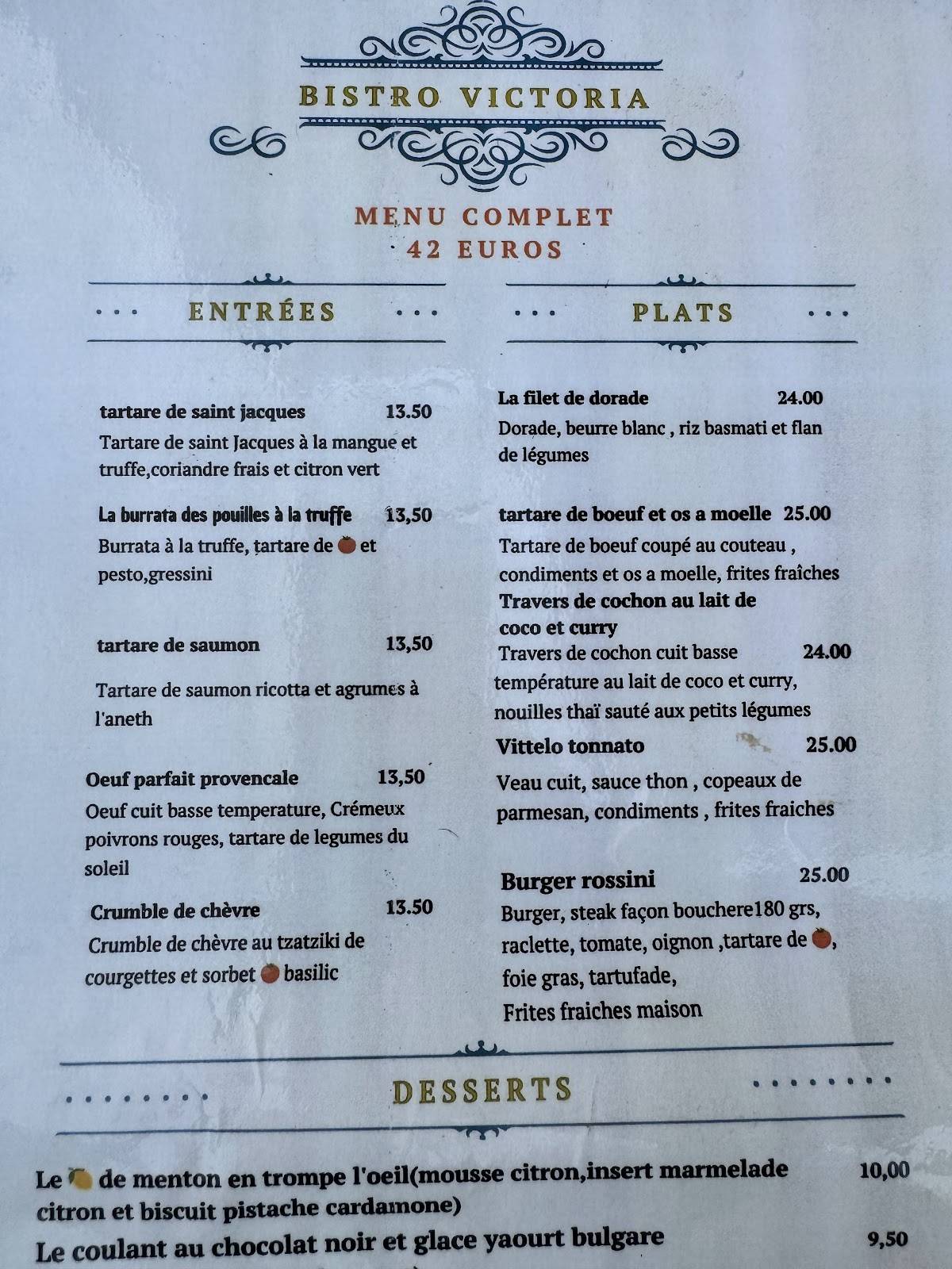 Menu au Bistro Victoria restaurant, Valleiry