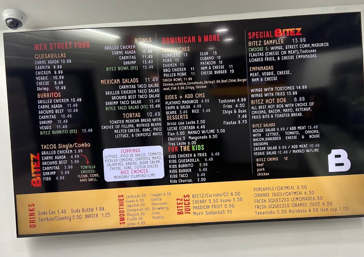 Menu at Bitez restaurant, Boston