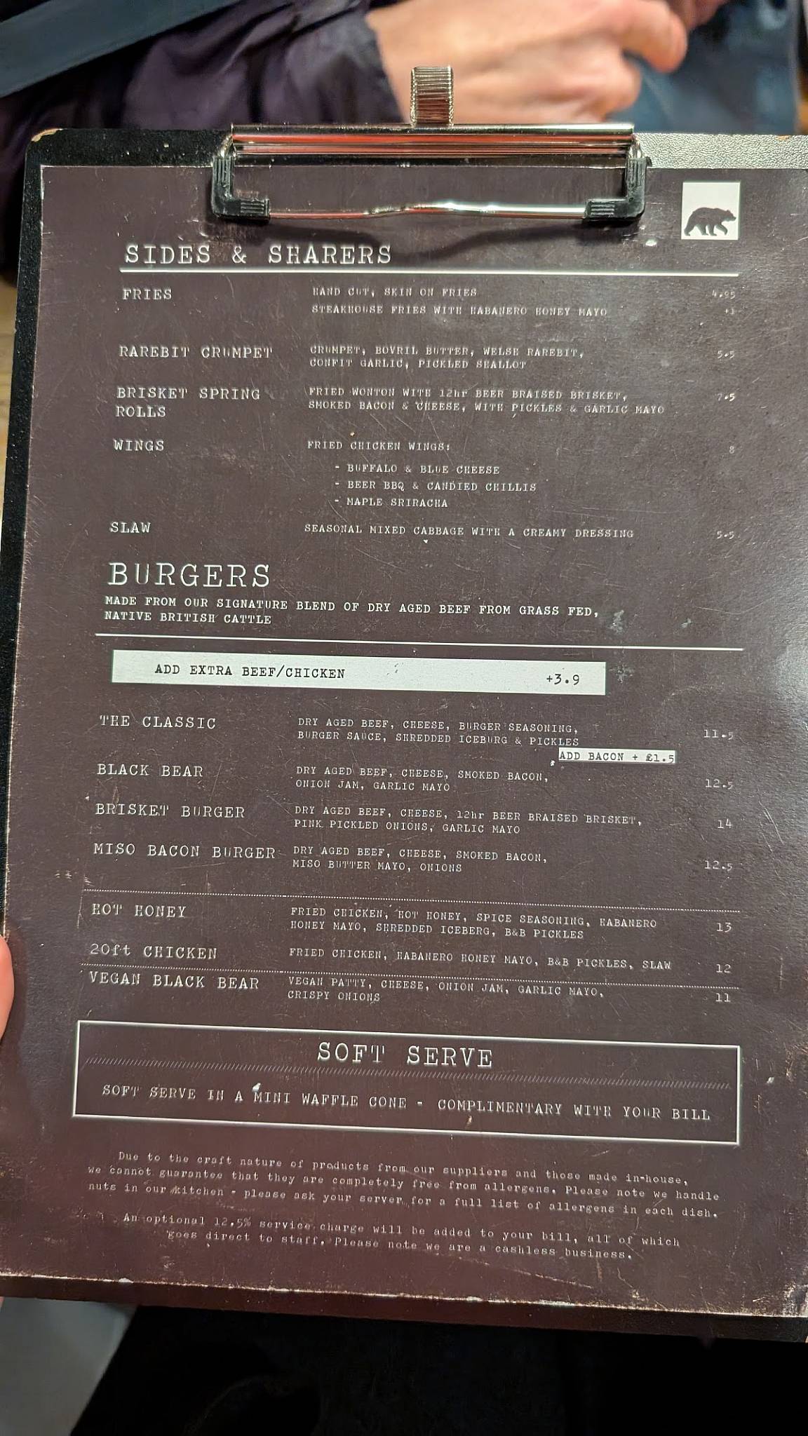 Menu at Black Bear Burger restaurant, London, 17 Exmouth Market
