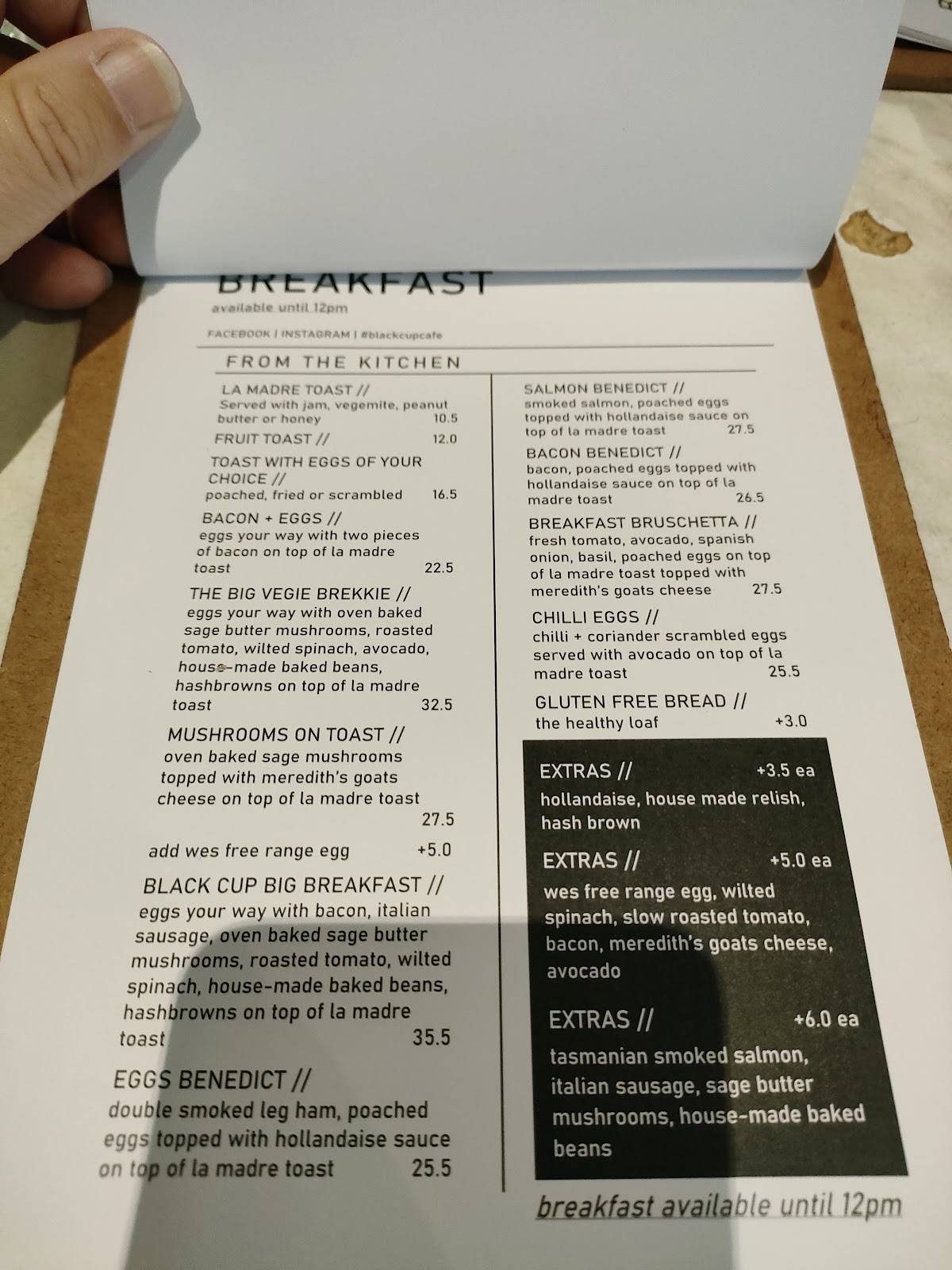 Menu at Black Cup Cafe, East Geelong
