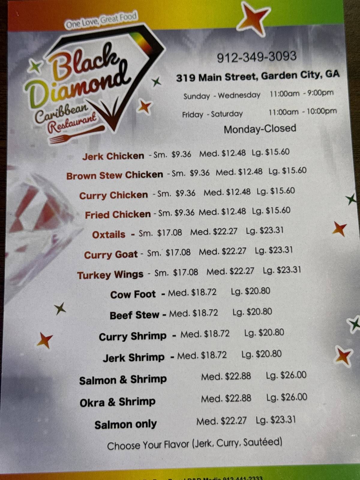 Menu at Black Diamond Caribbean restaurant, Garden City