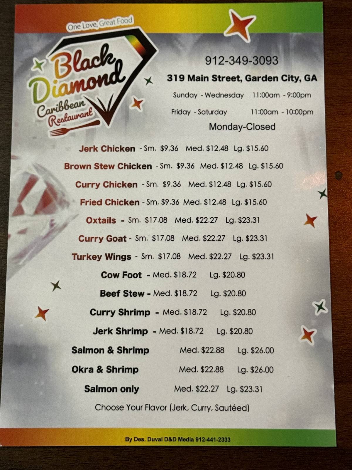 Menu at Black Diamond Caribbean restaurant, Garden City