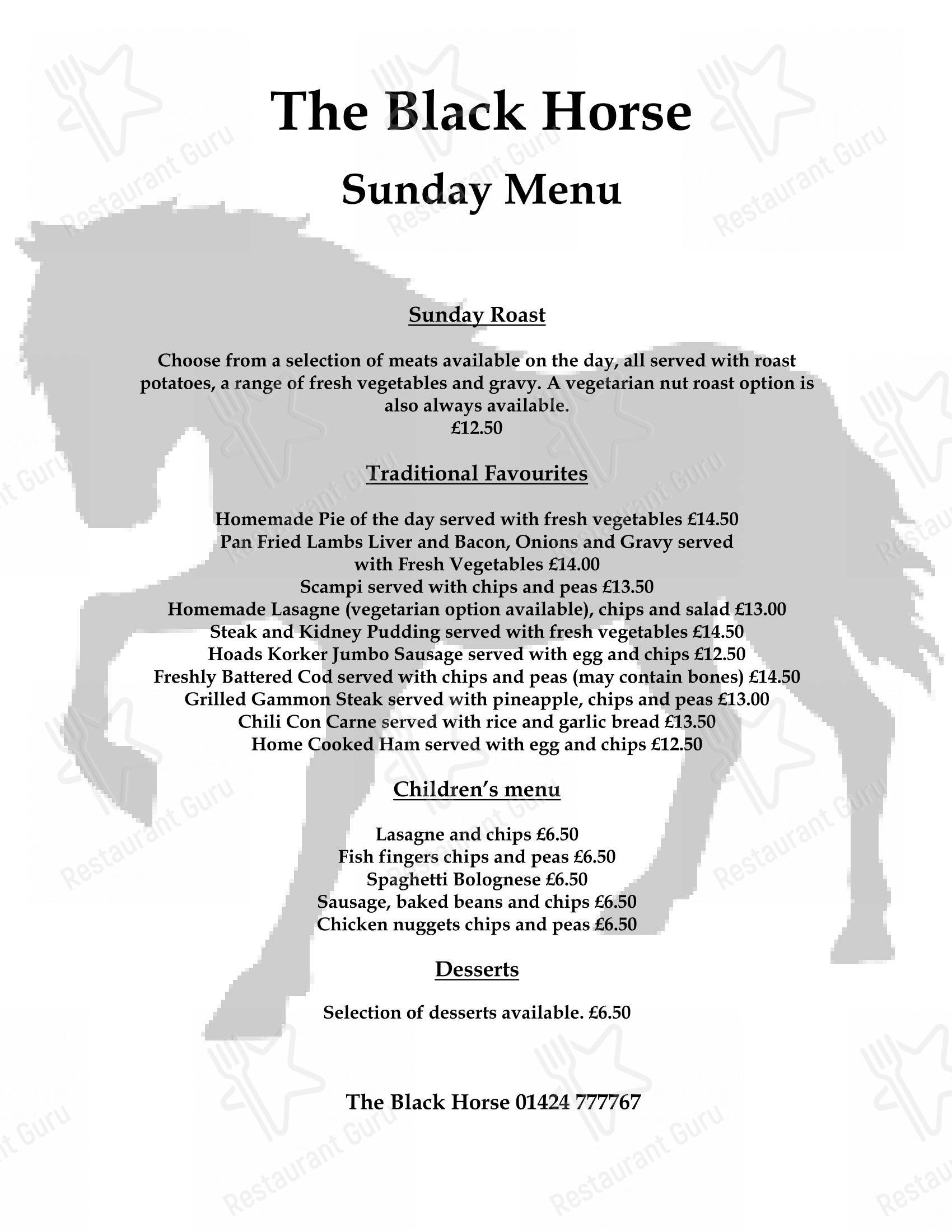 Menu at Black Horse pub & bar, Battle