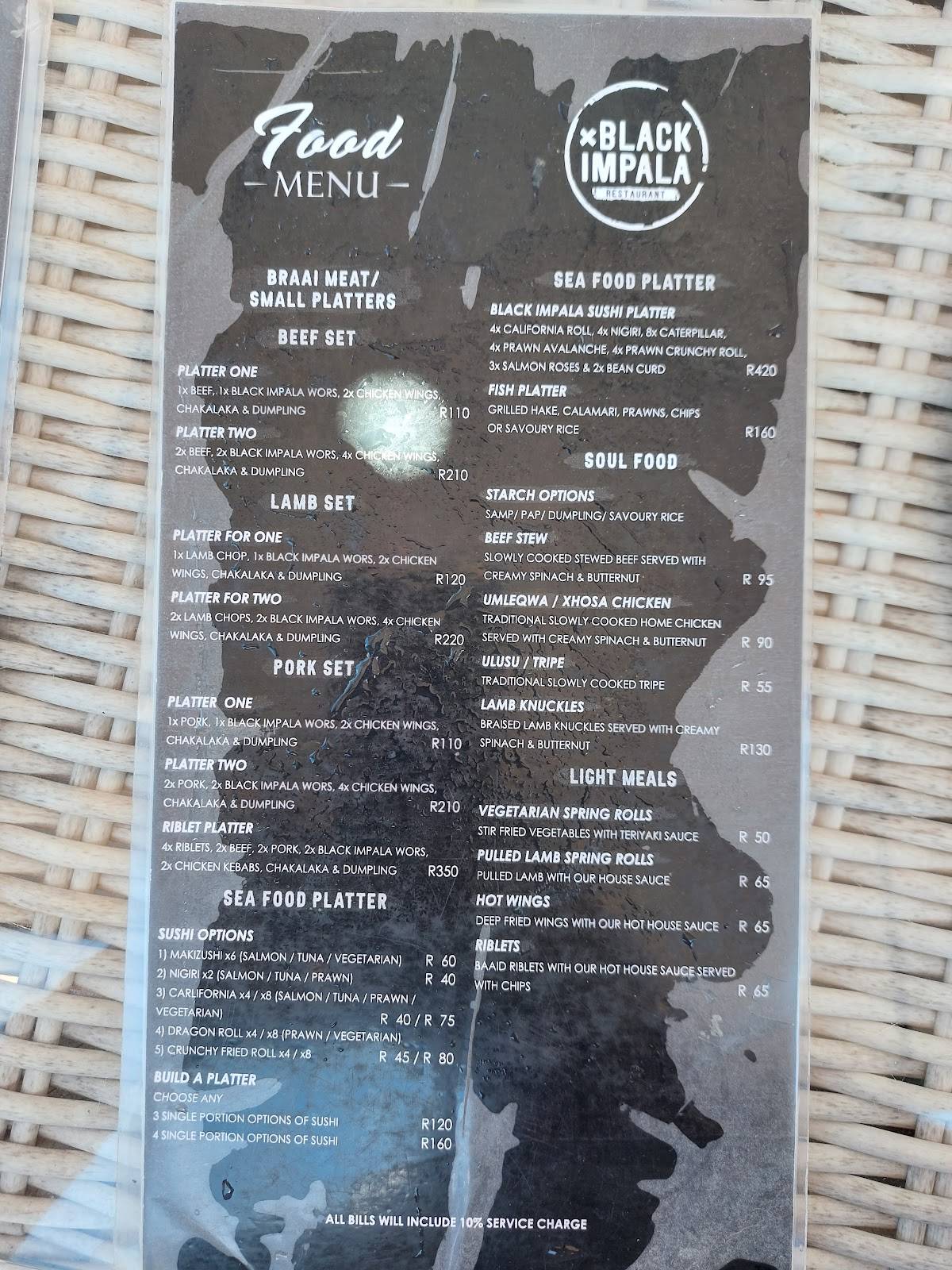 Menu at Black Impala Restaurant, South Africa