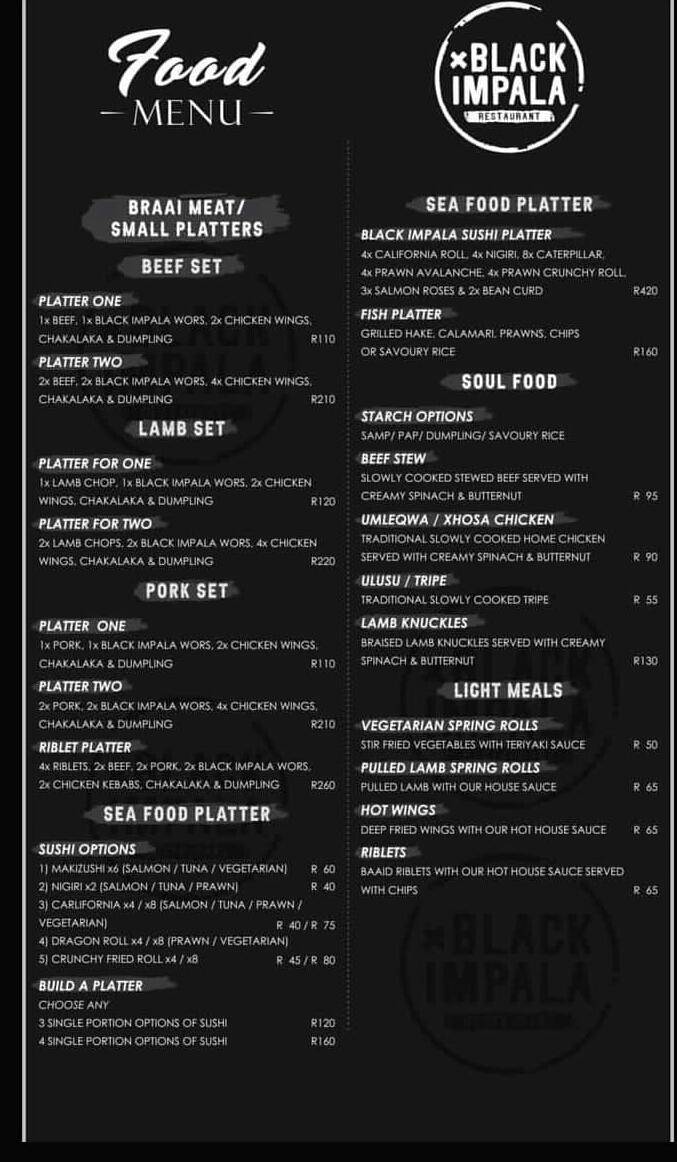Menu at Black Impala Restaurant, South Africa