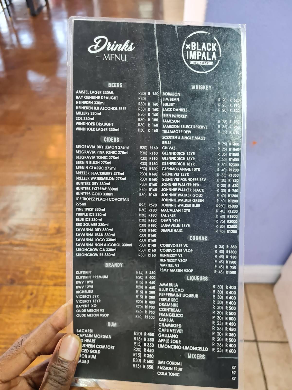 Menu at Black Impala Restaurant, South Africa