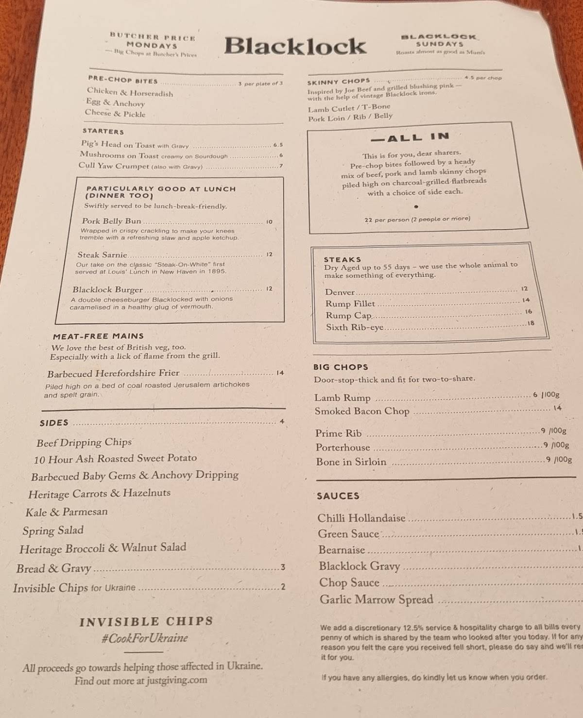 Menu at Blacklock Soho pub & bar, London, 24 Great Windmill St