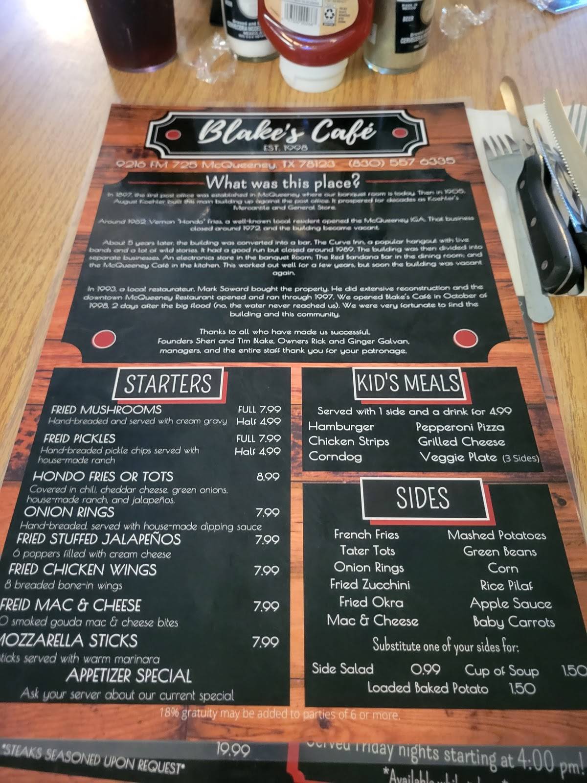 Menu at Blake's Cafe, McQueeney