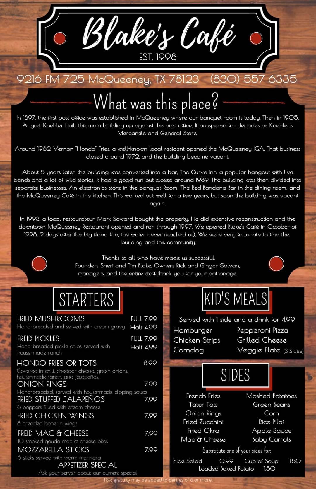 Menu at Blake's Cafe, McQueeney