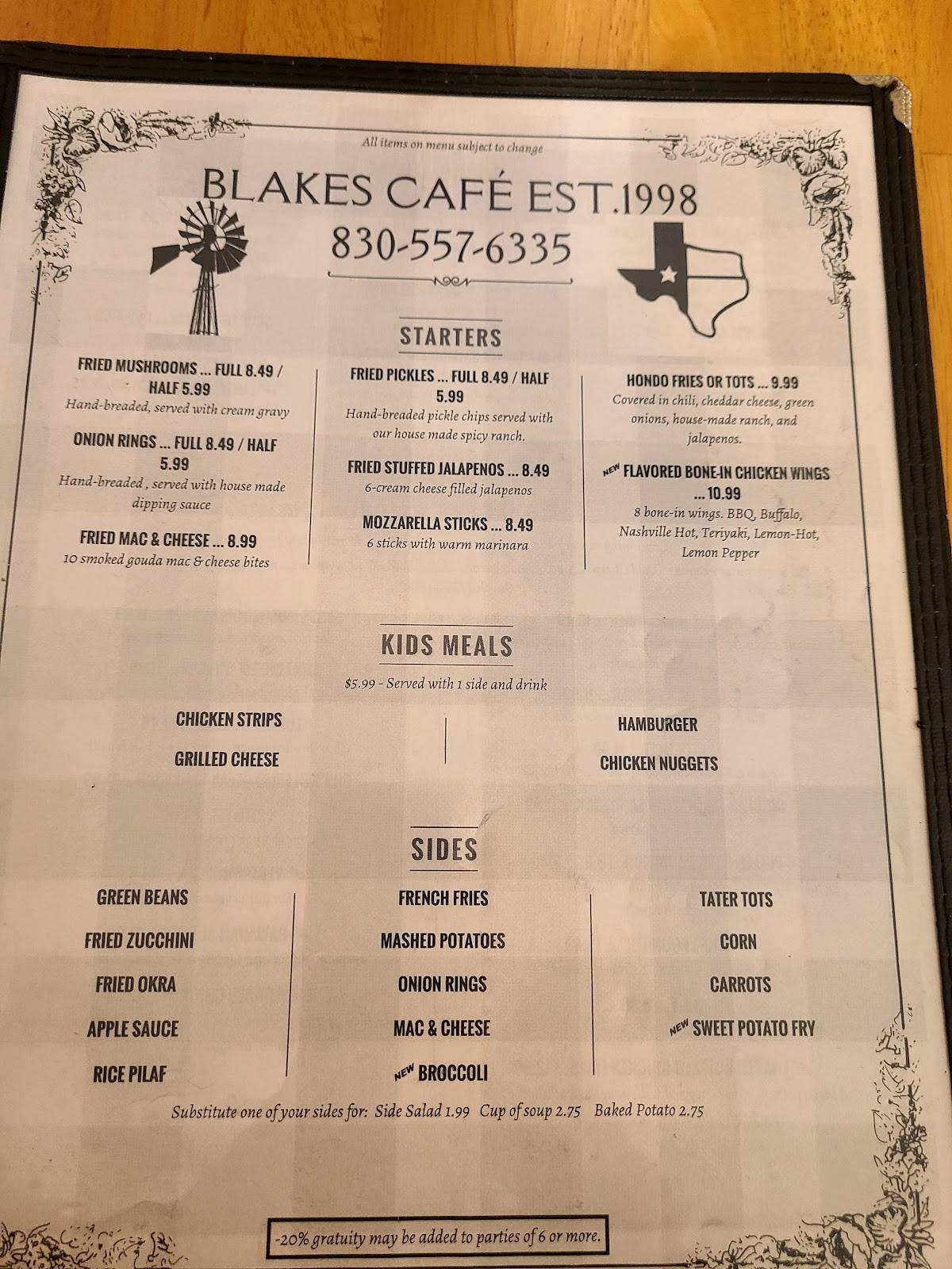 Menu at Blake's Cafe, McQueeney