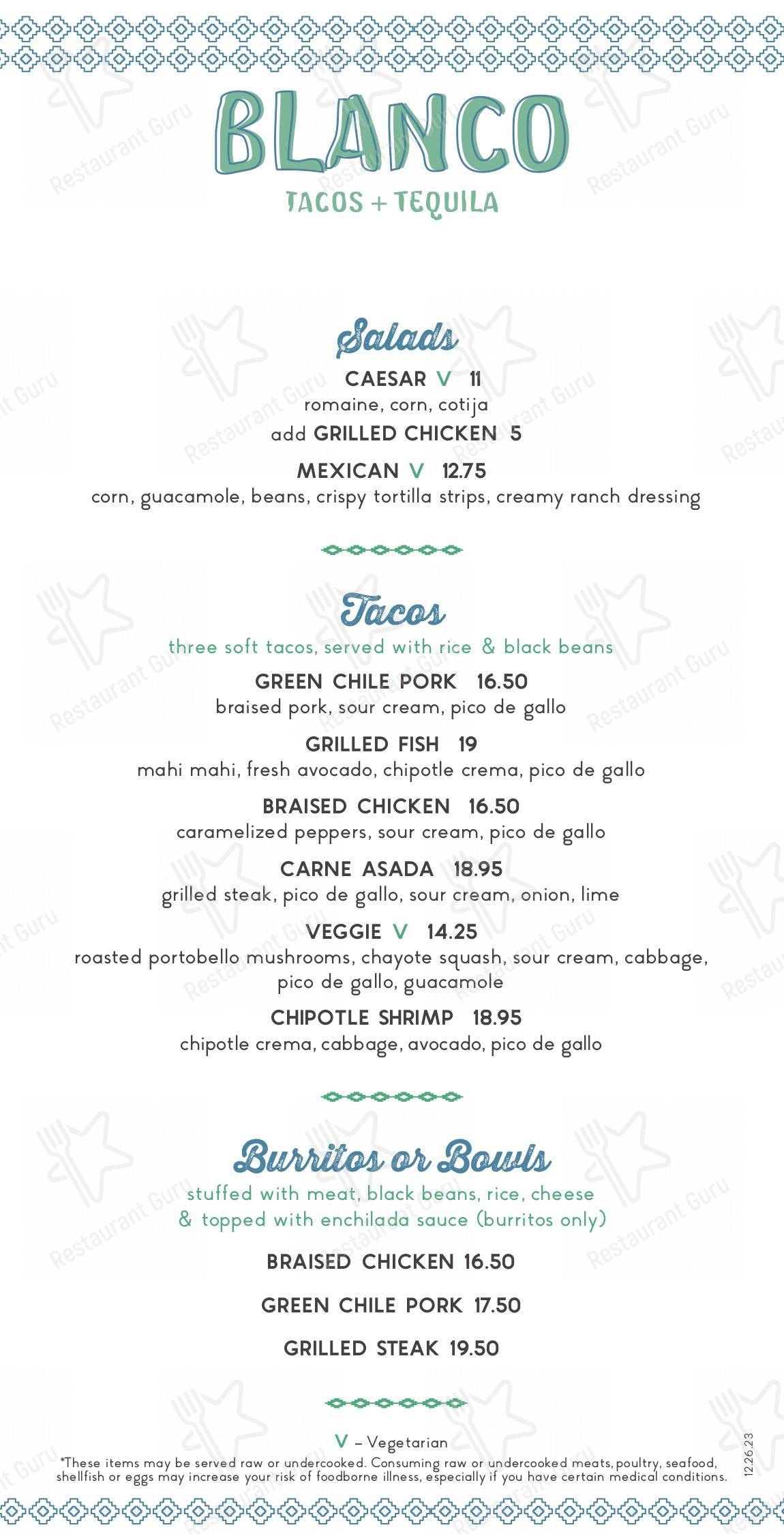 Menu at Blanco, Phoenix