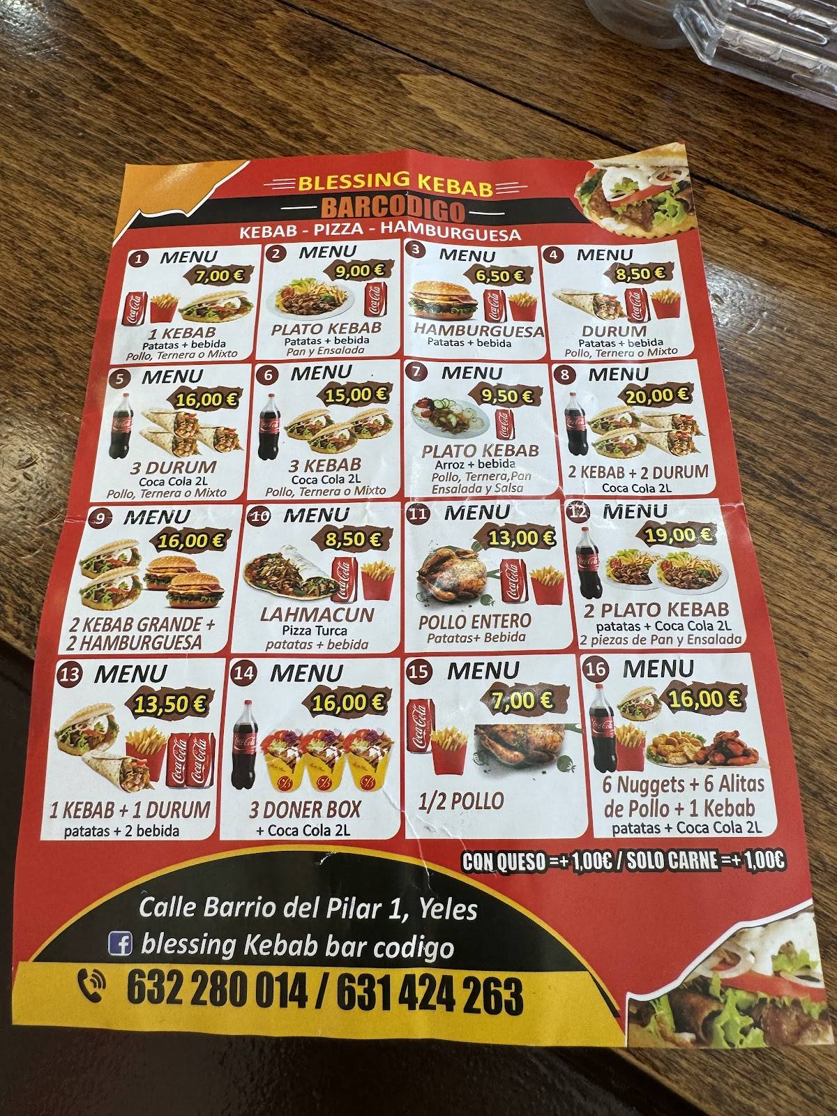 Menu at Blessing Kebab restaurant, Yeles