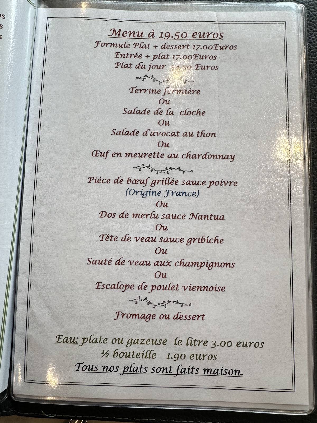 Menu au restaurant de la cloche, Bletterans