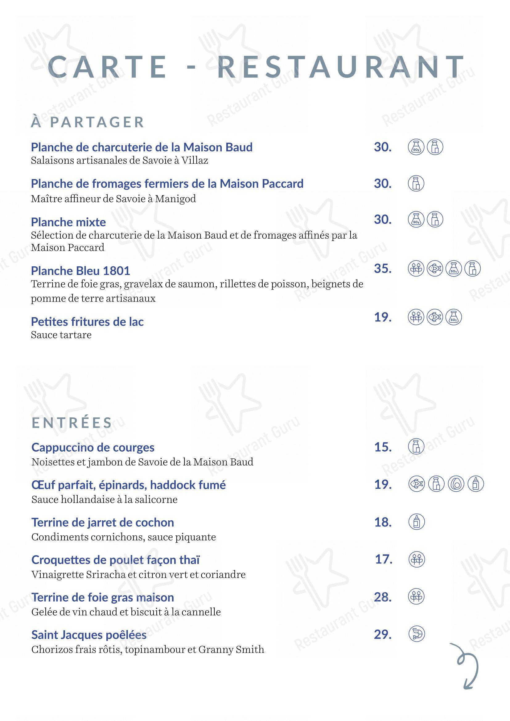 Menu au Bleu 1801 restaurant, Veyrier-du-Lac