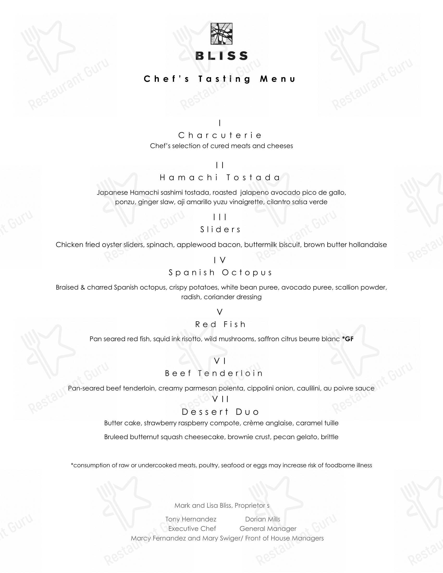 Menu at Bliss restaurant, San Antonio, 926 S Presa St