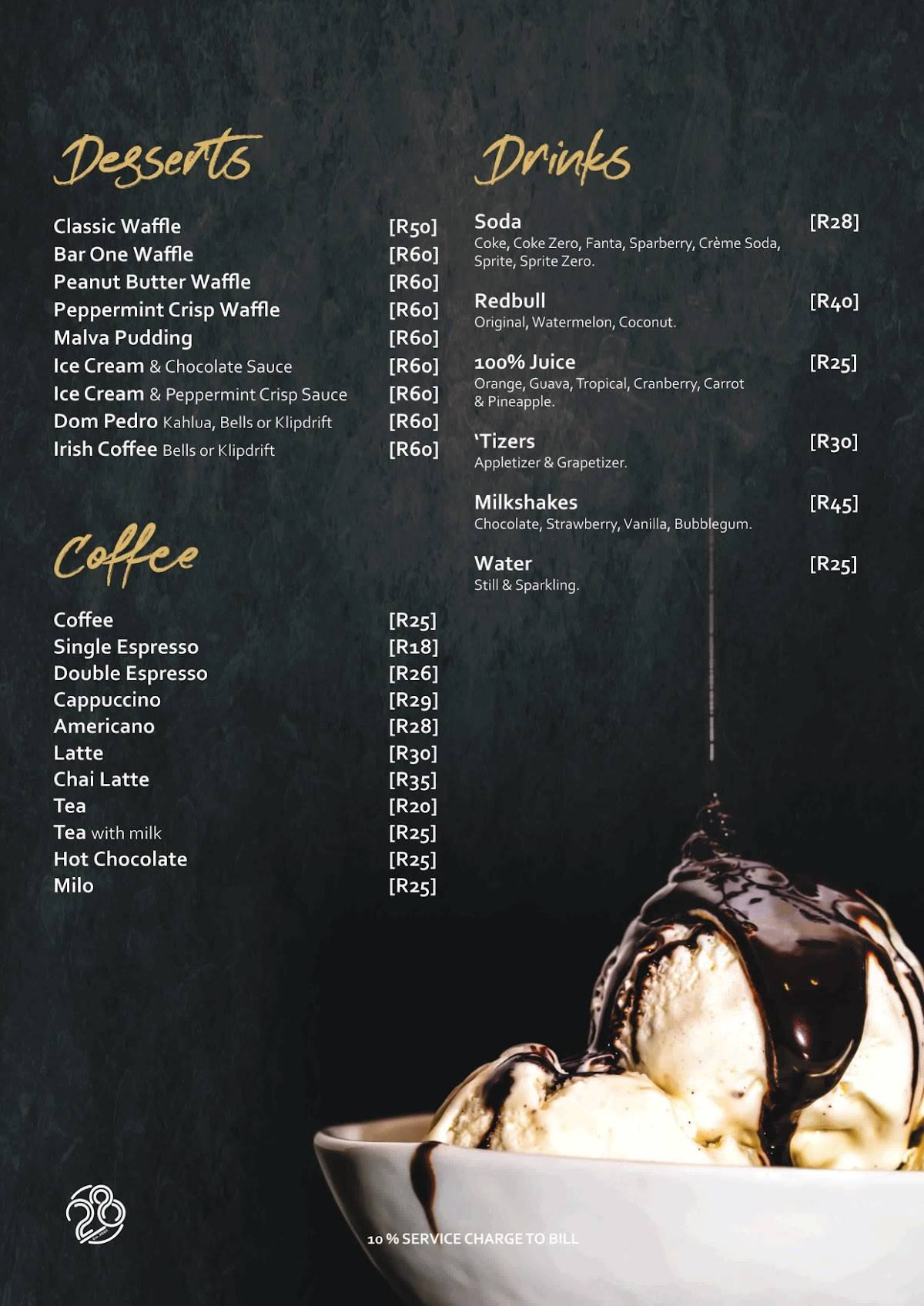 Menu at 28 restaurant, Bloemfontein