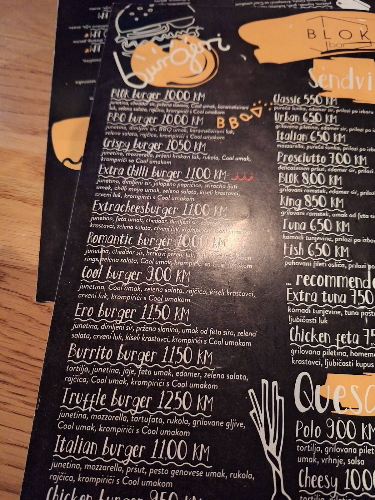 Menu at Blok bar & restaurant, Mostar