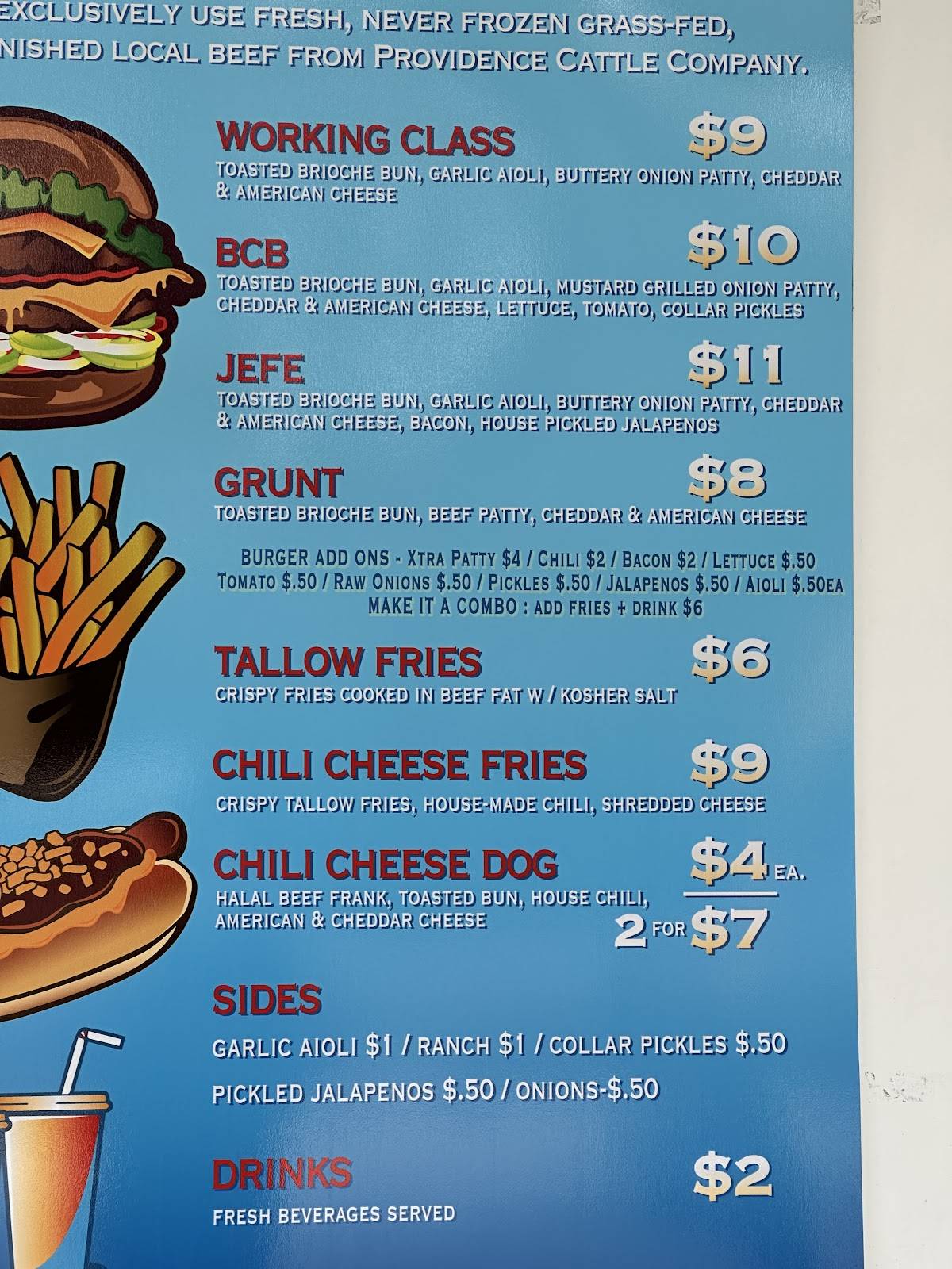 Menu at Blue Collar Burger restaurant, Plant City