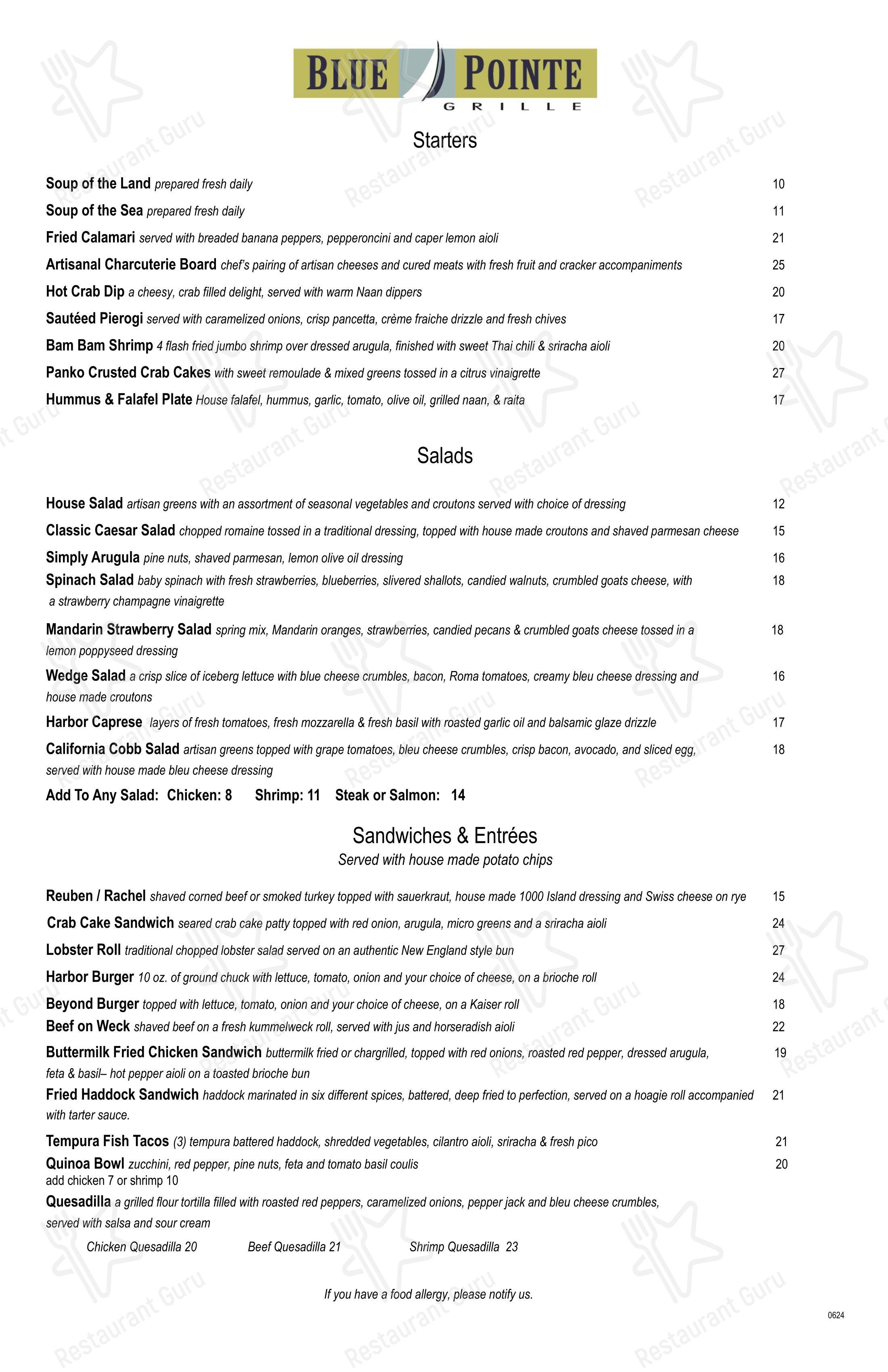 Menu at Blue Pointe Grille restaurant, Watkins Glen