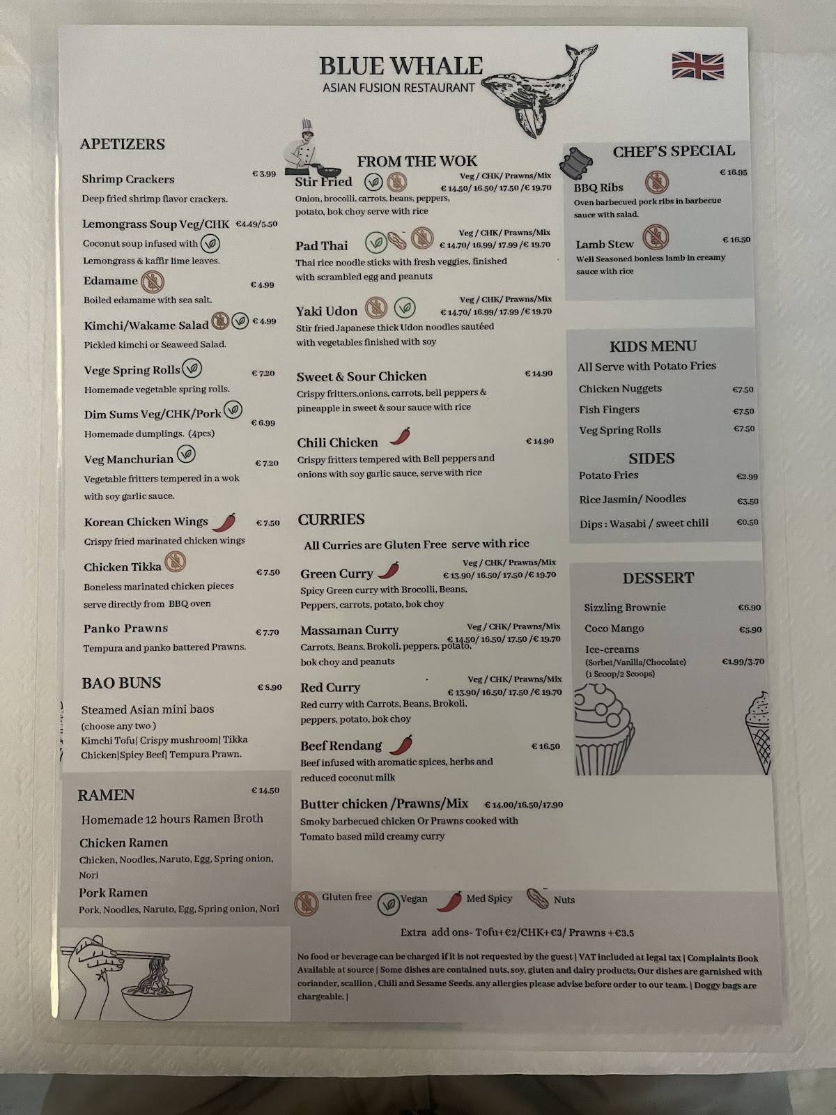 Menu em Blue Whale restaurante, Lagos