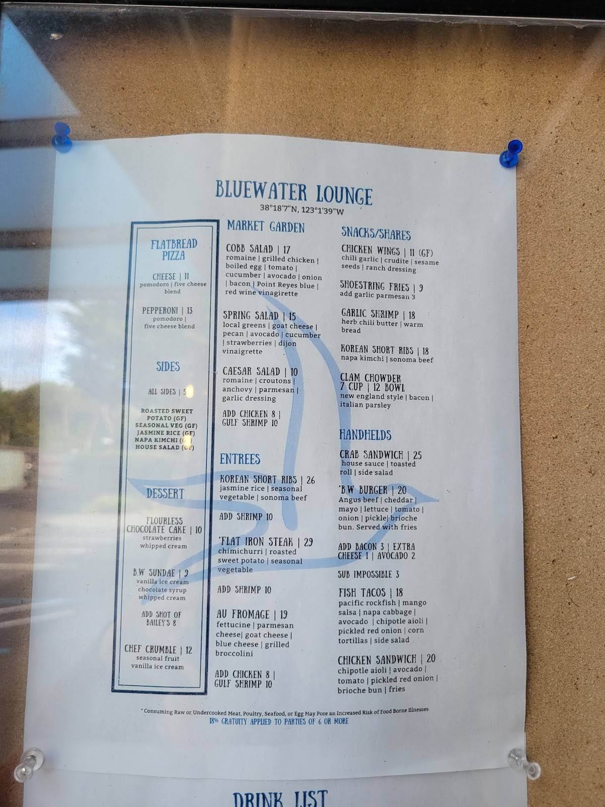 Menu at Bluewater Lounge pub & bar, Bodega Bay