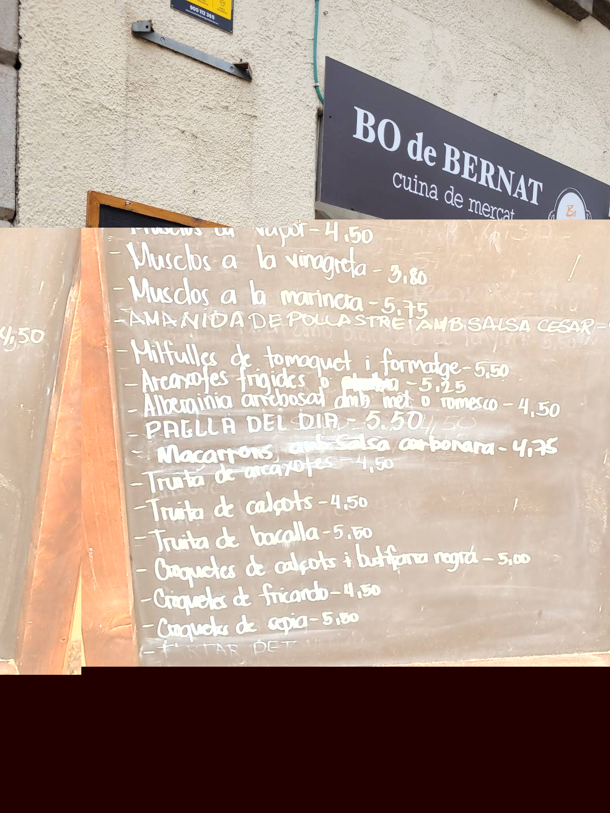 Carta del restaurante Bo del Bernat, Barcelona
