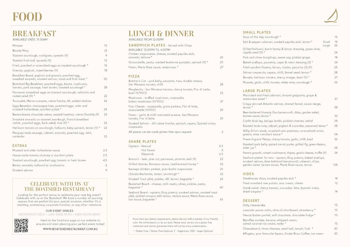Menu at Boatshed Restaurant, Lake Wendouree, 27A Lake Wendouree Foreshore
