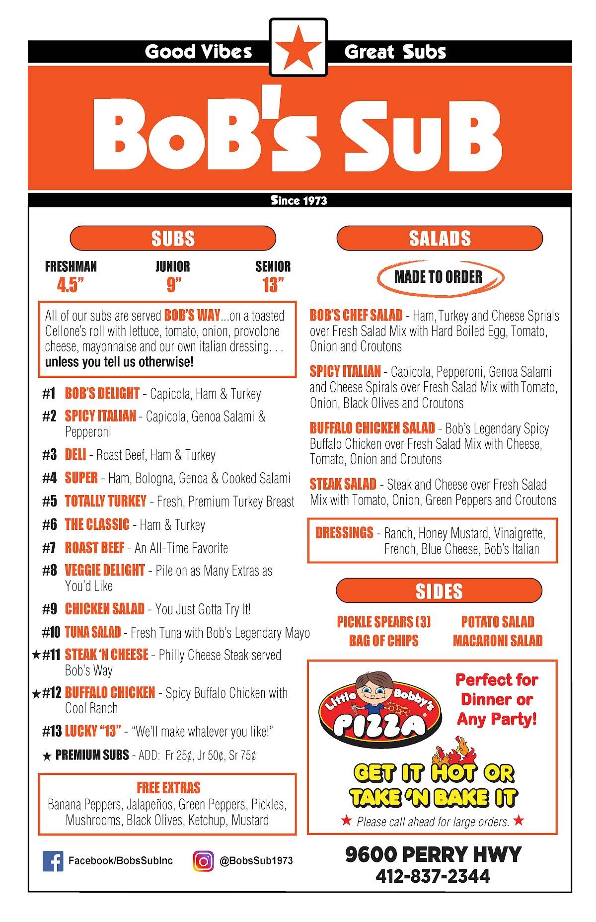 Menu at Bob's Sub pizzeria, McCandless