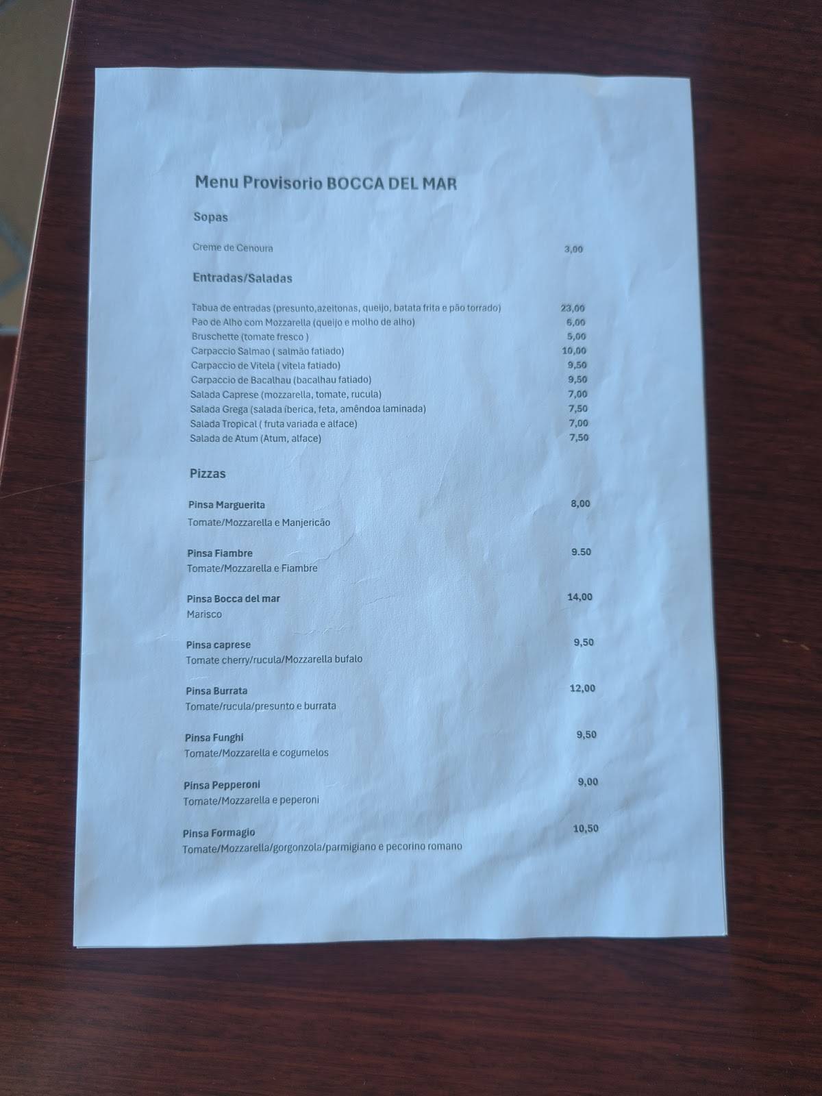 Menu em Bocca Del Mar restaurante, São Félix da Marinha