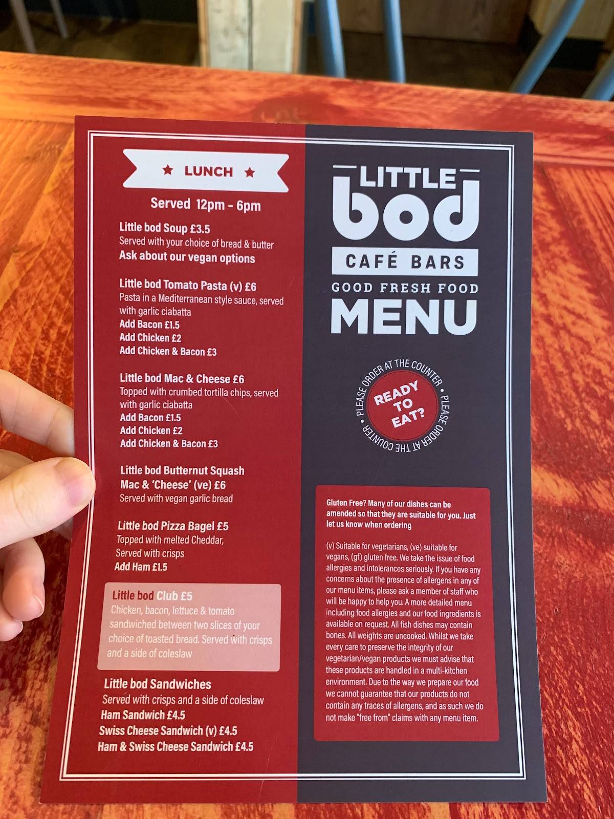 Menu at Bod Alsager cafe, Rode Heath