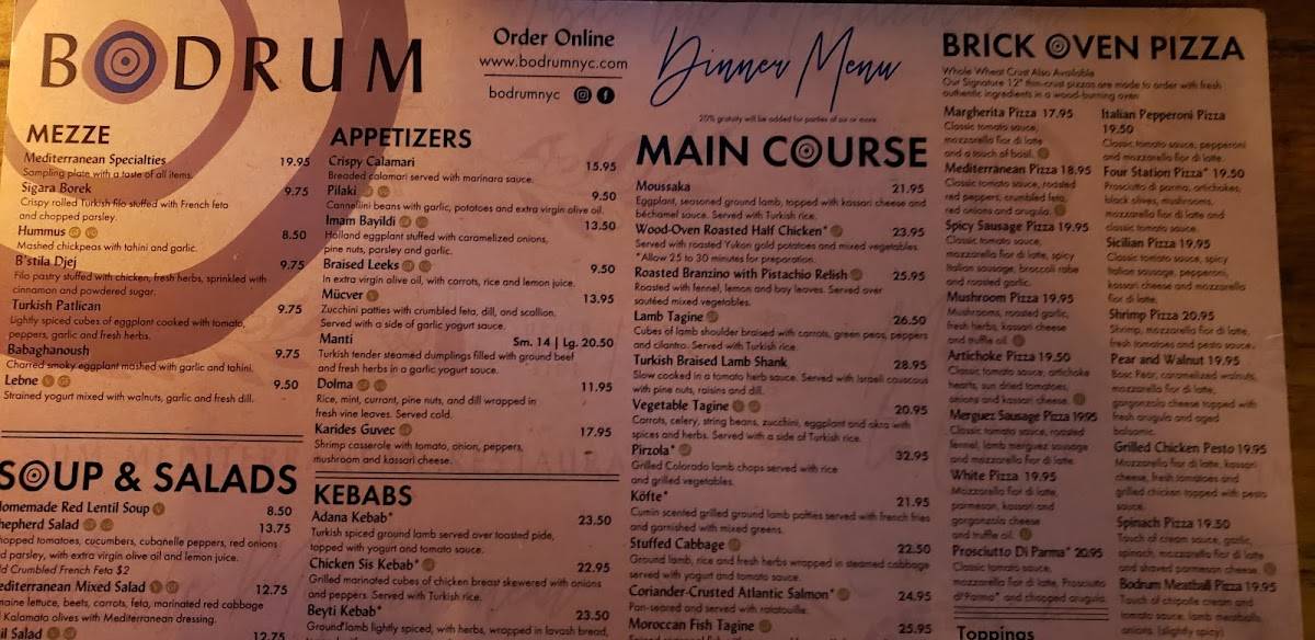 Menu at Bodrum pizzeria, West New York